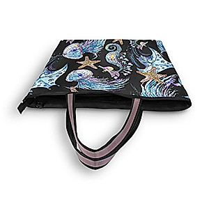 Tote Bag Art Jellyfish Starfish Seahorse Print, Large Capacity Zipper Women Grocery Bags Purse for Daily Life 2 Sizes