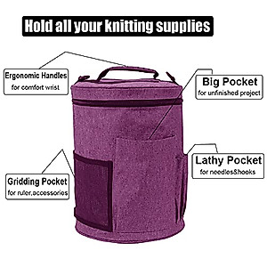 Weabetfu Large Capacity Portable Yarn Organizer Knitting Tote Storage Bag with Shoulder Strap Yarn Bags Have Pocket for Crochet Hooks,Knitting Needles & Accessories,Prevent Yarn Tangle(Purple)