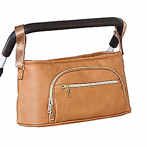 KZNI Leather Baby Stroller Organizer with Insulated Cup Holders,Diaper Storage Secure Straps Pockets for Phone Compact Design Fit All Strollers(brown)