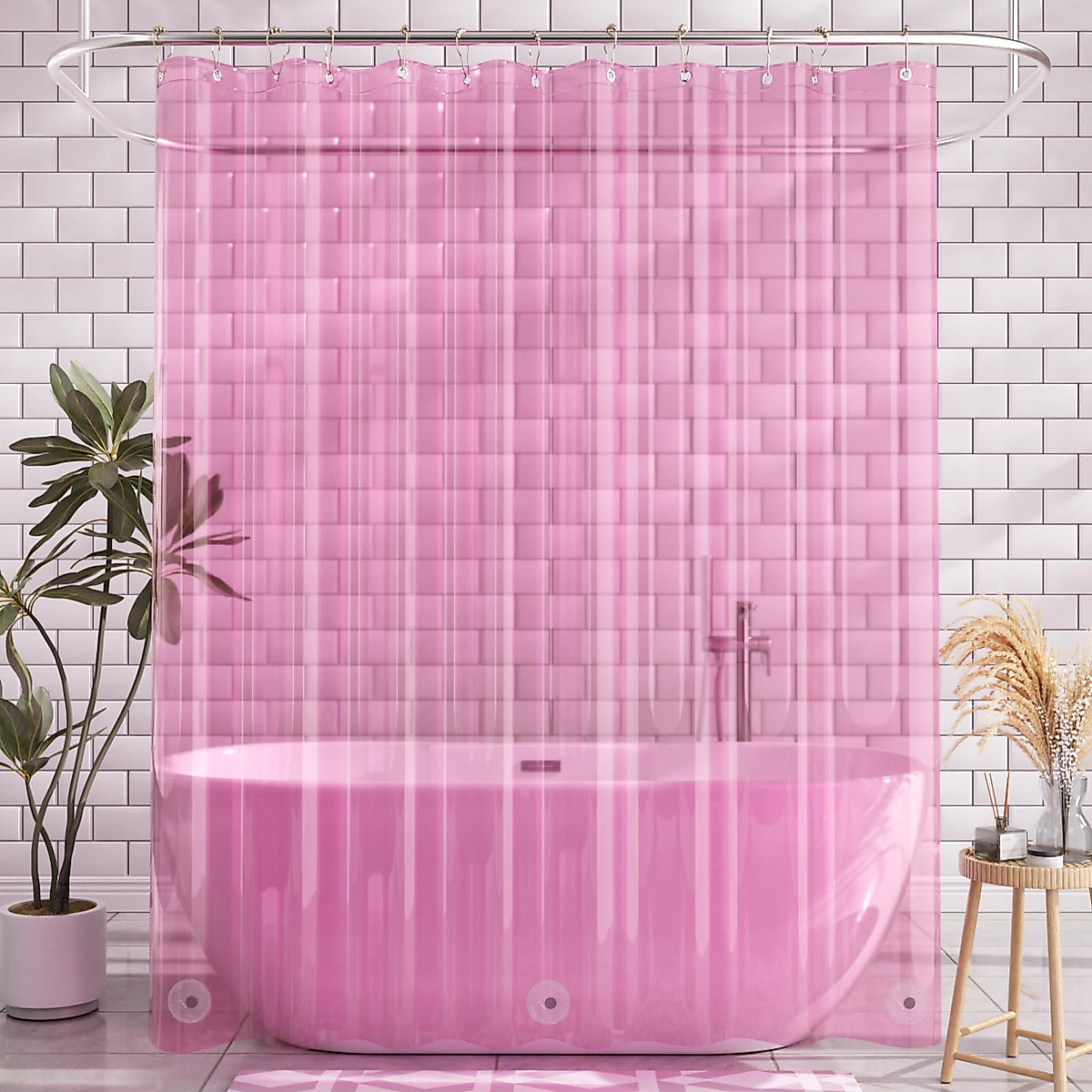 AmazerBath Shower Curtain Liner, 72x72 Transparent Hot Pink Shower Curtain Liner, Lightweight Plastic Shower Curtain Liner, Cute Waterproof Shower Liner for Bathroom with 3 Magnets & 12 Grommet Holes