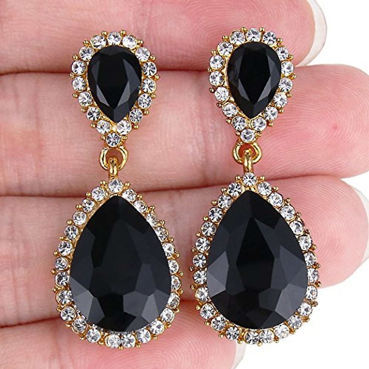 EVER FAITH Women's Austrian Crystal Wedding Tear Drop Dangle Earrings Black Gold-Tone