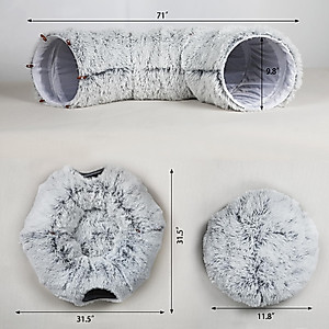 Lonepetu Plush Cat Tunnel Bed for Indoor Cats, Collapsible Cat Donut Tunnel with Central Mat, Fluffy Cat Cave Tube with Hanging Ball for Cat Kitten Rabbit Puppy Ferret