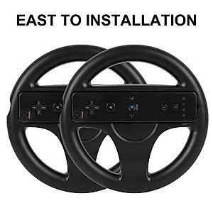 GEEKLIN Steering Wheel for Wii Controller, 2 pcs Black Racing Wheel Compatible with Mario Kart, Game Controller Wheel for Nintendo Wii Remote Game