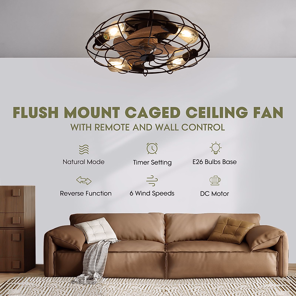 LUDOMIDE Caged Ceiling Fan Light with Remote, 21" Small Flush Ceiling Light with 3 Enclosed Blades and 6 Wind Speeds for Bedroom, Living Room