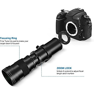 500mm/1000mm f/8 Manual Telephoto Lens for Canon EOS 80D, EOS 90D, Rebel T3, T3i, T5, T5i, T6i, T6s, T7, T7I, T8I, SL3, EOS 60D, EOS 70D, EOS 5D, EOS5D IV, EOS 6D II, EOS 7D II SLR Cameras