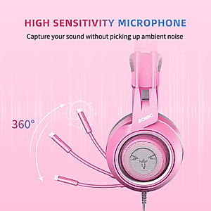SOMIC G951s Pink Stereo Gaming Headset with Mic for PS4,Xbox,PC,Mobile Phone,3.5mm Noise Reduction Cat Ear Headphones Lightweight Over Ear Headphones for Girls