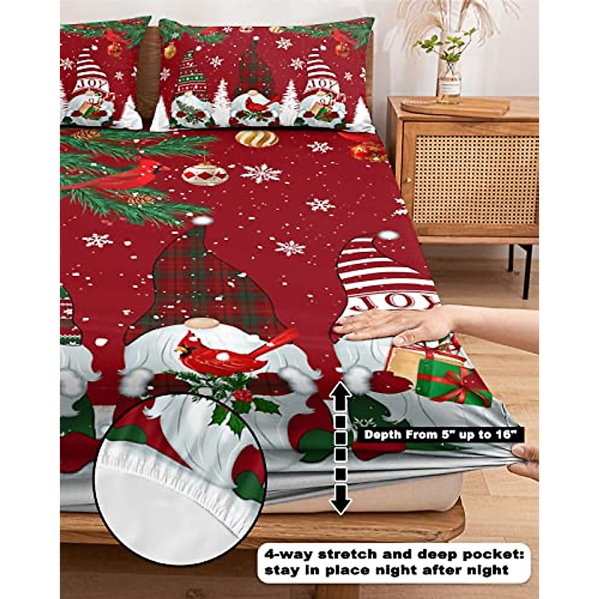 Full Size Fitted Sheet Bed Set Christmas Dwarf Holly Cardinal Deep Pocket Soft Bottom Sheets&Pillowcases for Bedroom Decor Winter Snowflake on Red,Fits Mattress Up to 16" Deep