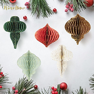 NICROHOME Christmas Party Decorations - 5 PCS 3D Mini Glitter Edge Paper Honeycomb Ornament, Green, Red, Brown Hanging Ornament for Christmas Tree Decorations, New Years Eve Party