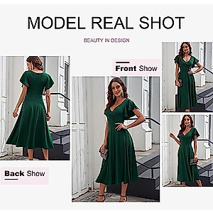Dokotoo Women's Fall Short Sleeve Casual Dresses V-Neck Floral Party Dress Green L