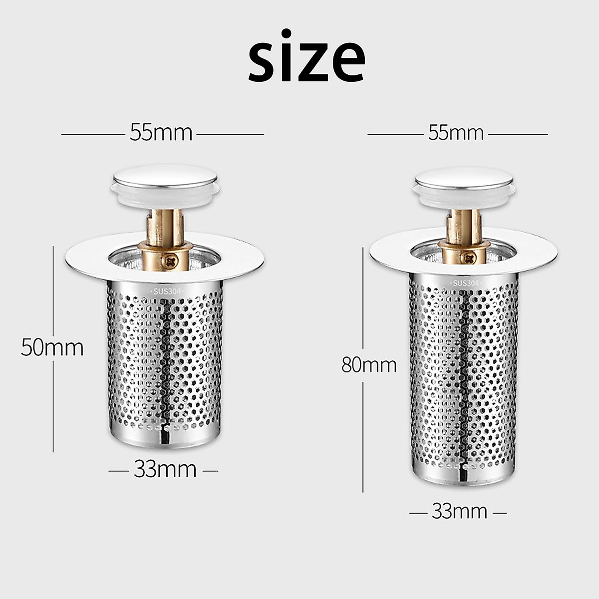Stainless Steel Floor Drain Filter,Bathtub Sink Strainer,Pop-up Sink Filter,Copper Core Drain Filter with Removable Stainless Steel Filter Screen for Bathroom Kitchen (Long-2PCS)