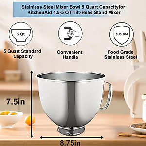 5 Quart Stainless Steel Mixer Bowl for KitchenAid Stand Mixers, Compatible with 4.5 & 5 QT KitchenAid Tilt-Head Mixers, KitchenAid Mixer Accessories, KitchenAid Replacement Bowl