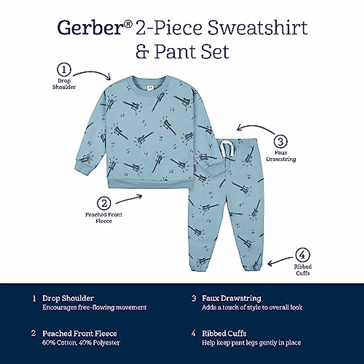 Gerber Baby Boys Toddler 2-Piece Fleece Sweatshirt and Jogger Set, Teal Guitars, 3T