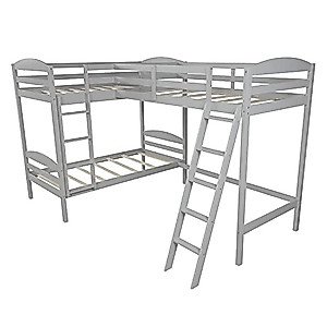 UBGO L Shape Three Bed Loft Bed, Bunk Bed Three Beds, Space Saving Design with Step Ladder and Safety Railing, Kid Teen Bedroom Dormitory Storage Corner Bunk Bed - Gray