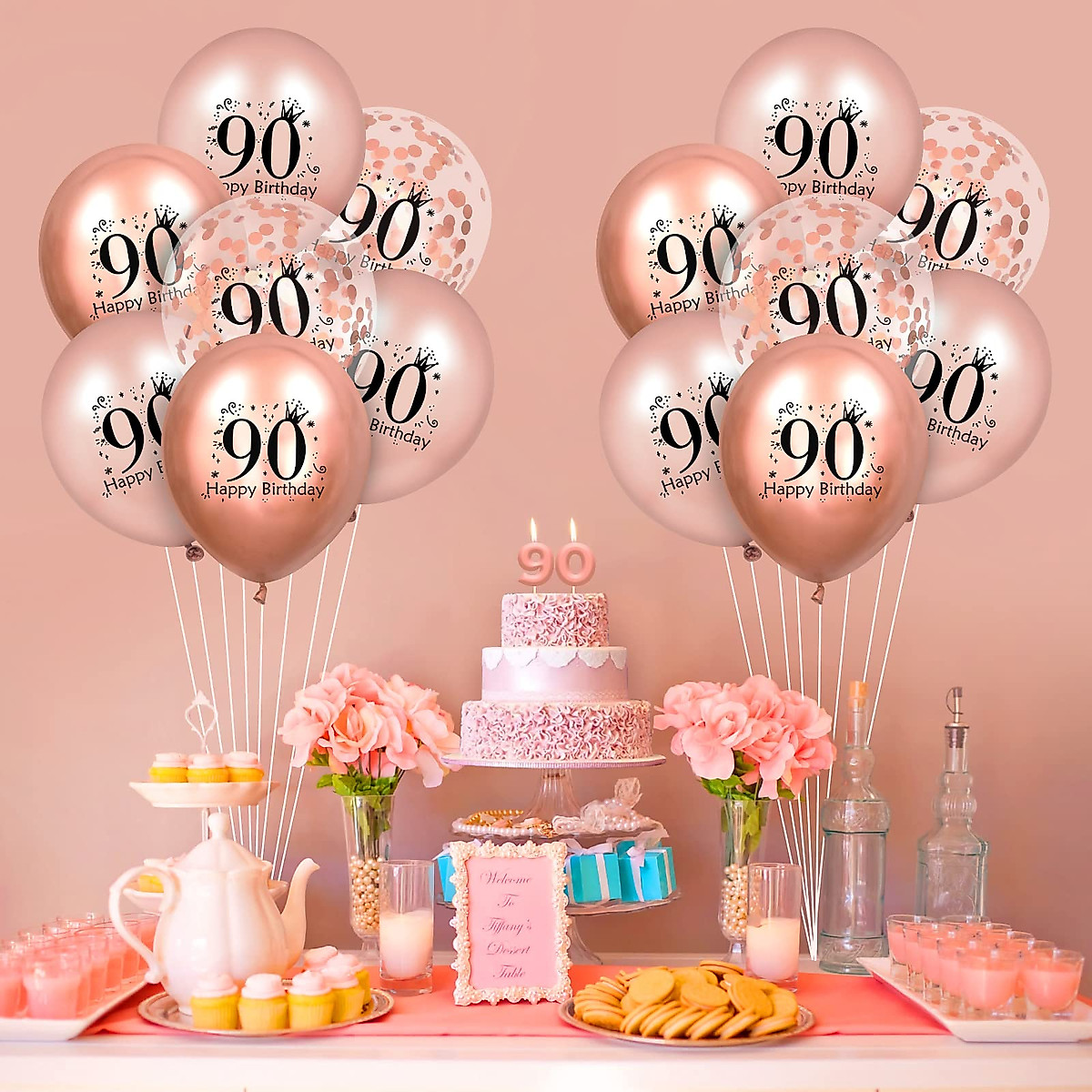 RUMIA 18pcs Rose Gold 90th Birthday Balloons, Latex Balloons with Confetti Design, Party Decorations for Women Men 90th Birthday Anniversary Decor Supplies