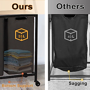 Timberer Laundry Hamper, Laundry Sorter 3 Section, Rolling Laundry Basket with Wheels, 2 Drawers, 2 Shelves, 3 × 14.5 Gal, Pull-Out and Removable Laundry Bags, Laundry Room, Black and Rustic Brown