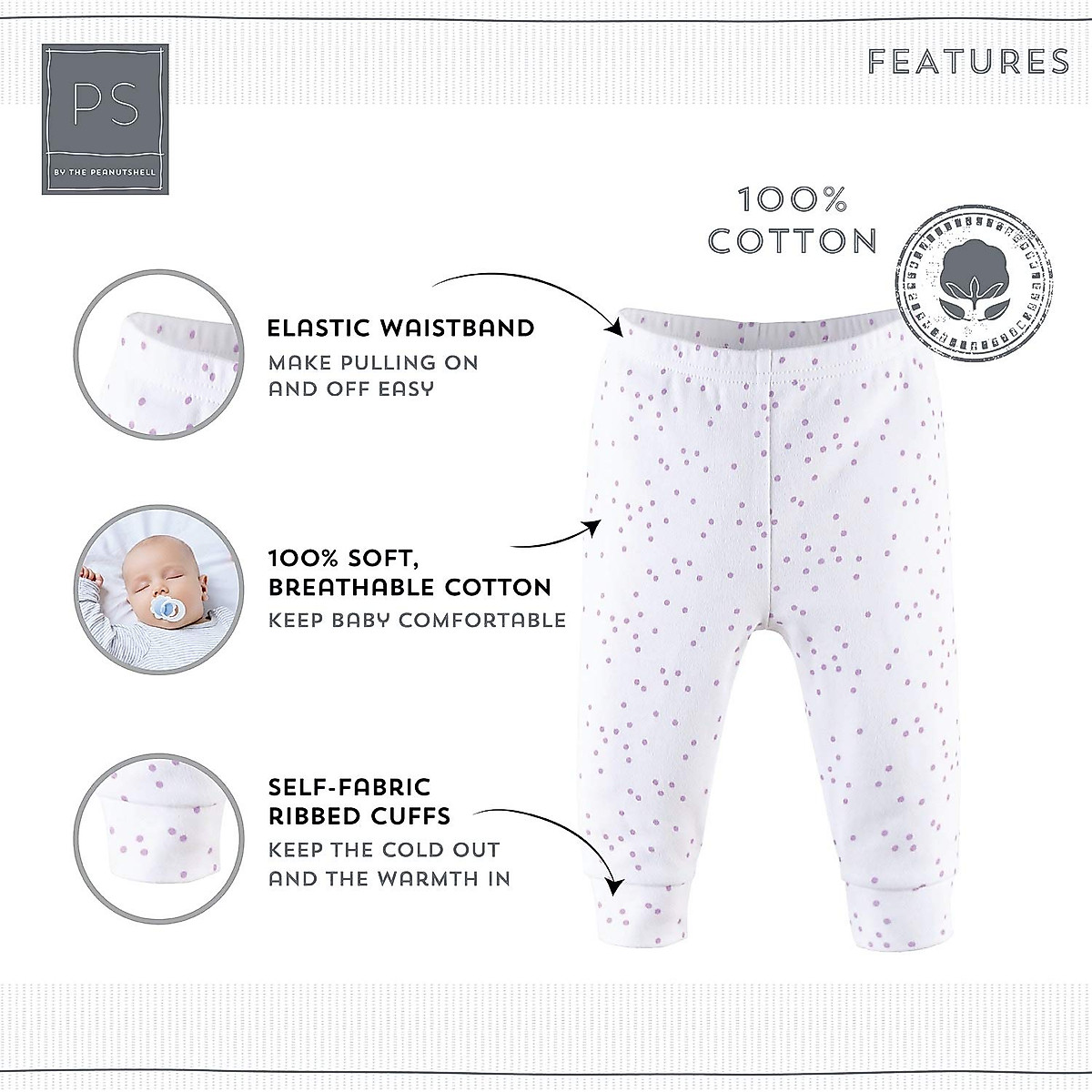 The Peanutshell Pastel Baby Pants Set | 5 Pack in Purple, Grey, & Mint | Newborn to 24 Month Sizes (3 Months)