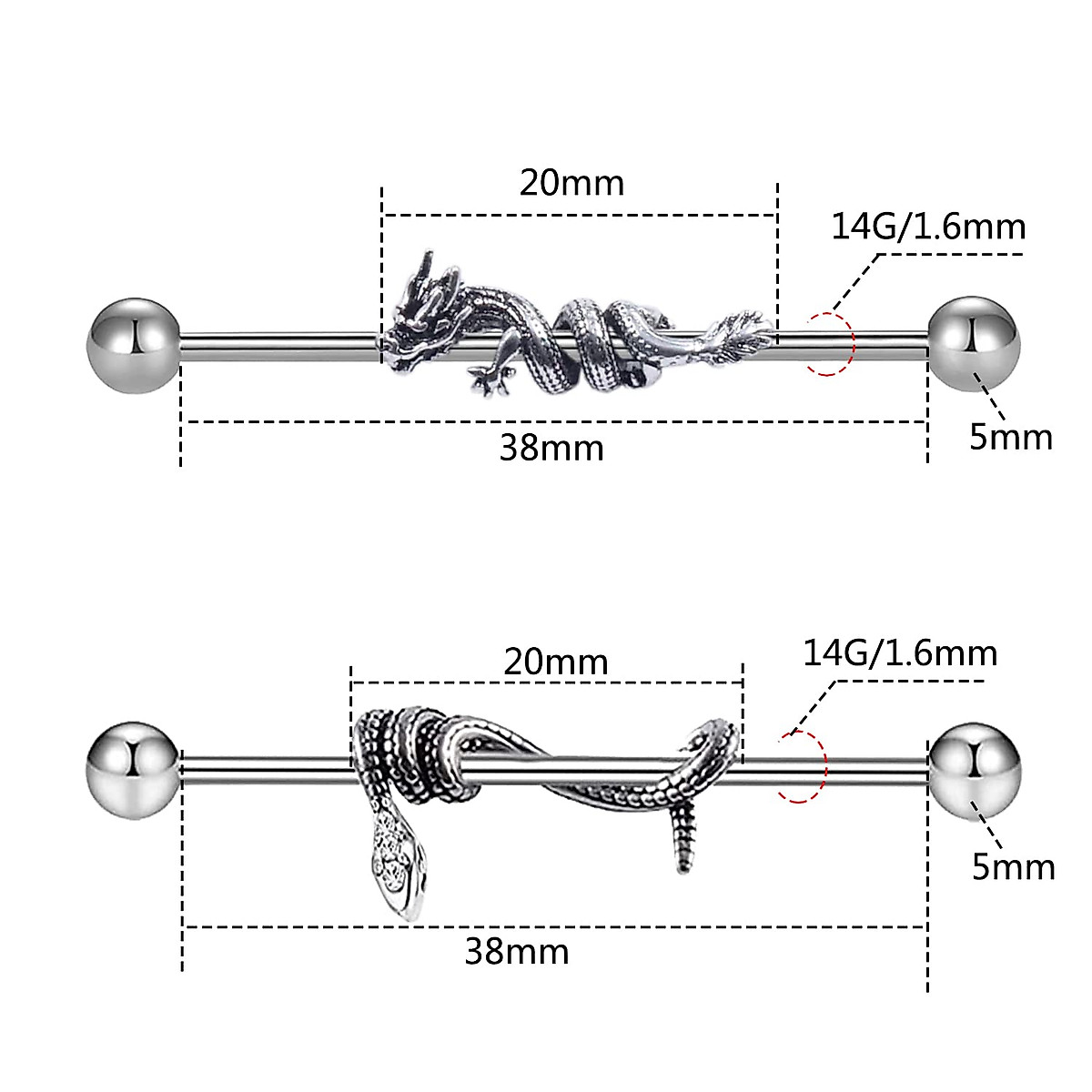 FLOGWE 14G 316L Snake Industrial Barbell Cartilage Earring Surgical Steel Dragon Claw Industrial Barbell Cartilage Earring Body Piercing Jewelry for Women Mens……