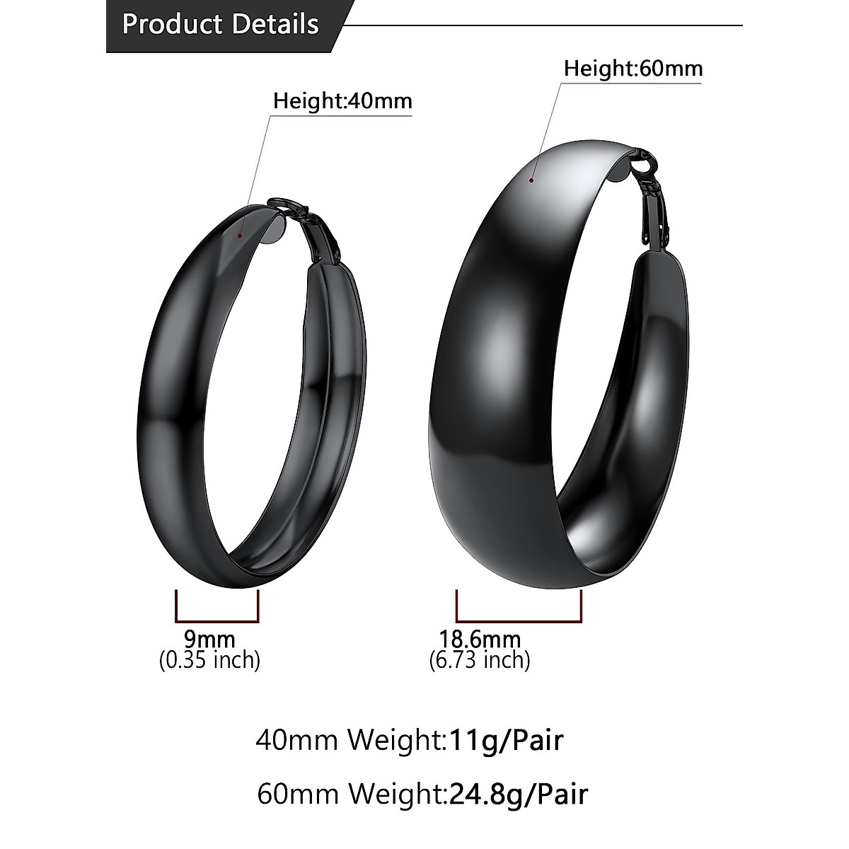 U7 Black Hoop Earrings 40mm Click-top European Style Chic Stainless Steel Loop Earrings|Womens Chunky Hoops with Sterling Silver Post