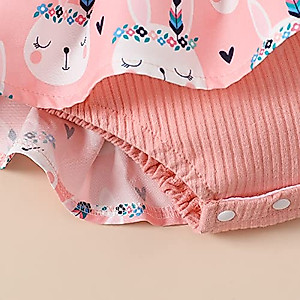 Tsnbre Easter Outfit Baby Girl Romper Fly Sleeve Ribbed Romper with Bunny Print Skirt 0 3 6 12 18 Newborn Clothes (Pink , 12-18 Months )