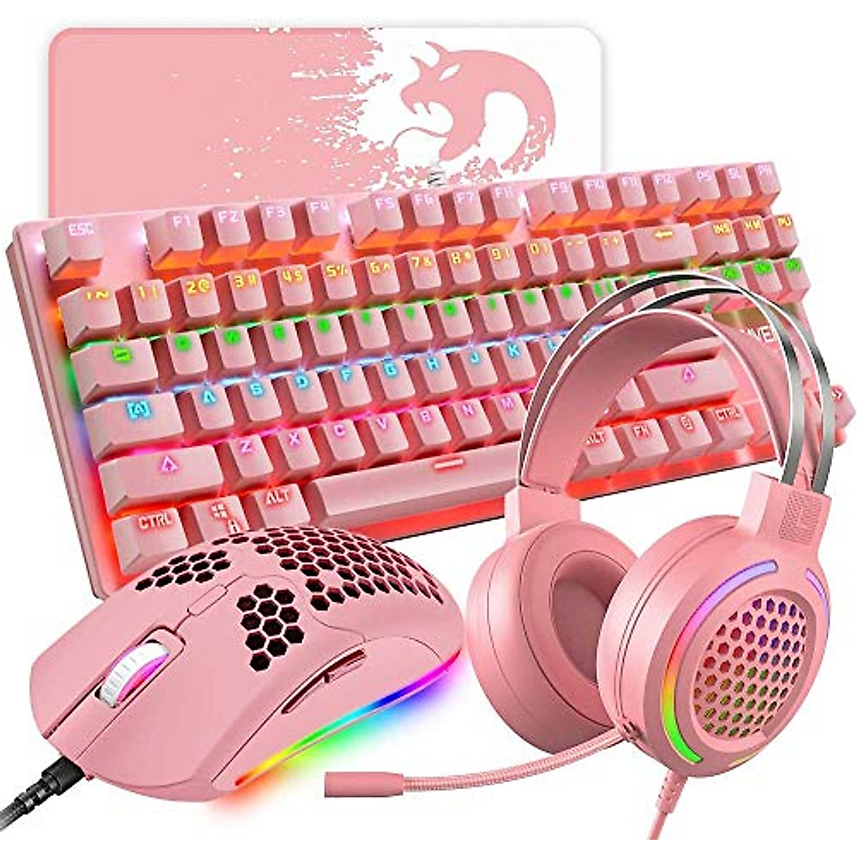 4-in-1 Gaming Keyboard Mouse Combo,87 Keys Rainbow Mechanical Keyboard,RGB 12000 DPI Lightweight Pink Gaming Mouse with Honeycomb Shell,3.5mm Gaming Stereo Headset for PC Laptop Computer