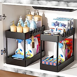 Wekin Under Sink Organizers & Storage 2 PCS, 2 Tier Under Cabinet Basket Organizer for Kitchen Bathroom, 2 Size Multi-Usage Storage Shelf with Hooks, Under the Sink Standing Stackable Rack for Bath