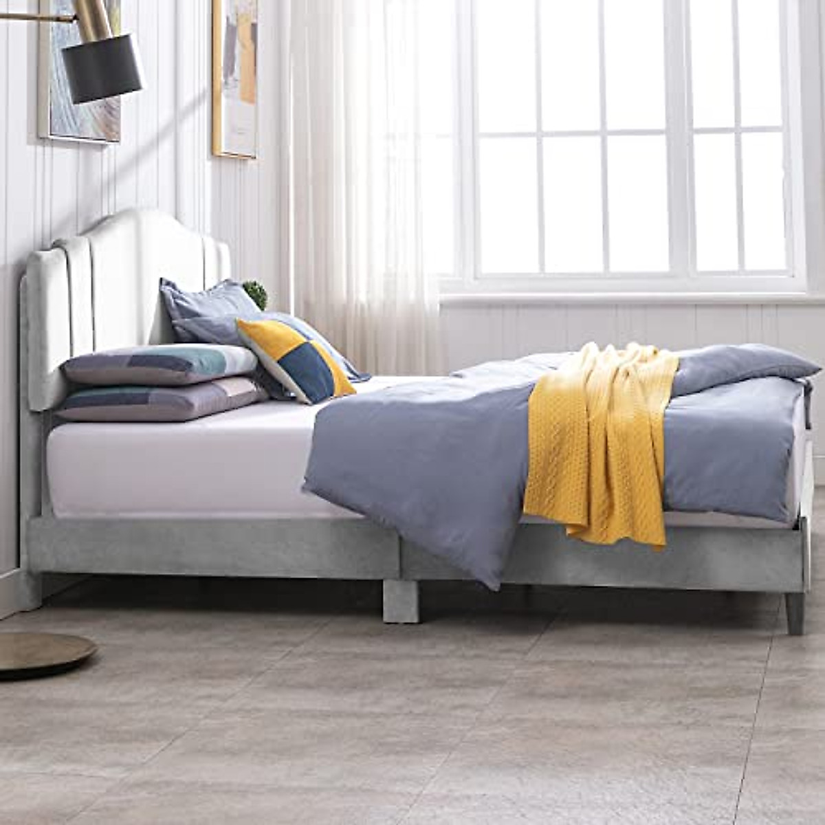 CECER Adjustable Headboard California-King Size Platform Bed Frame | Upholstered Bedframe with Headboard Covered in Dutch Velvet | Solid Wood Slat Support | Easy Assemble-Light Grey