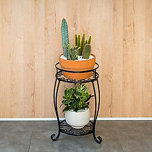 FaithLand Plant Stand, Heavy Duty Metal Planter Holder Indoor Outdoor, 2 Tier Round Potted Supports Rack, Corner Display Shelf Black