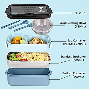 Homnoble Bento Box Adult Lunch Box, Bento Box for Kids Adult Leakproof BPA-Free 3 Compartment Lunch Box Container 4 in 1 Meal Prep Container Dishwasher SafeMicrowave Safe With Utensils & Bag, Blue