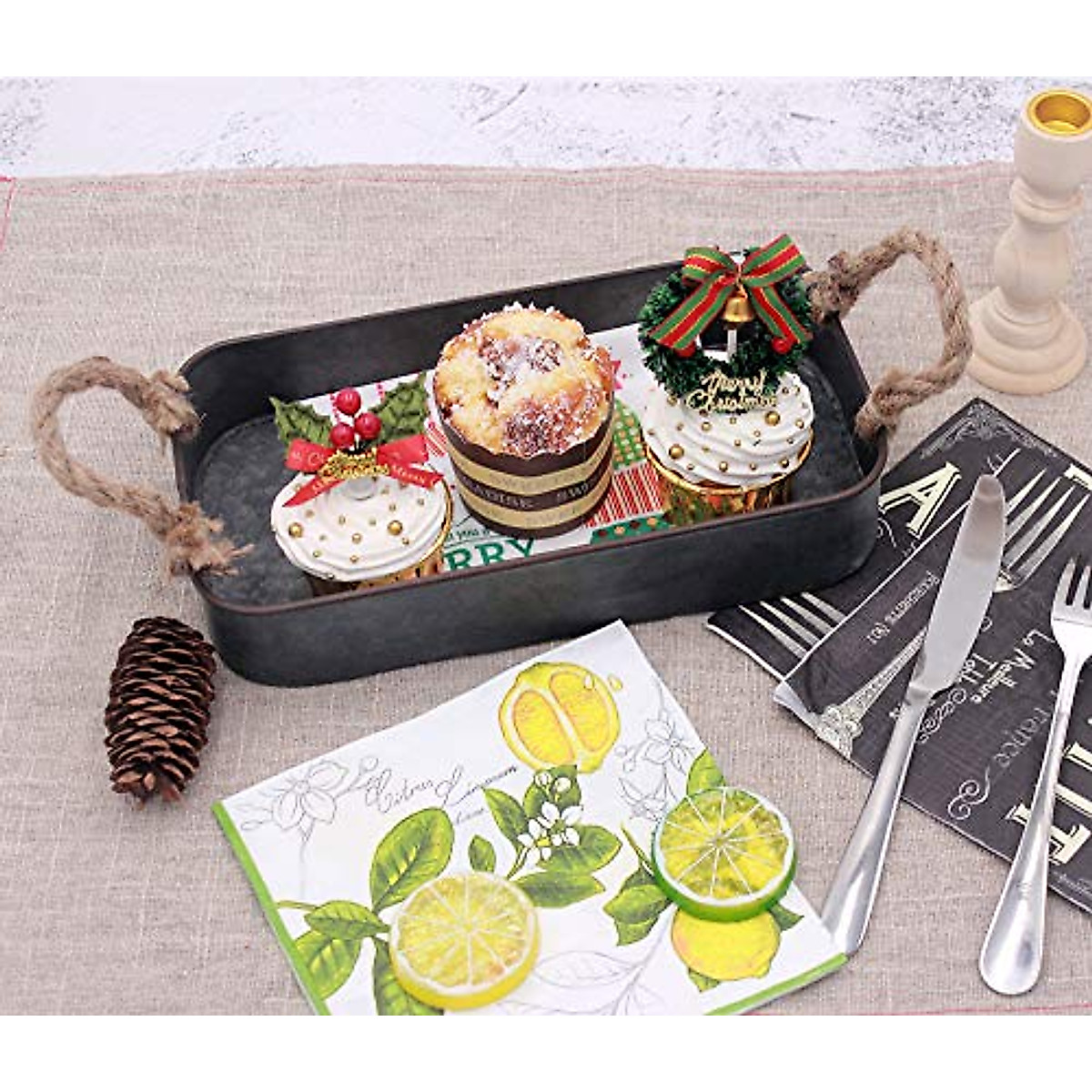 Funerom Rectangle Dark Galvanized Decorative Metal Serving Tray with Rust Finish and Rope Handles, (10.3X 5.5 in)