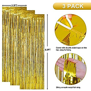 RUBFAC 3pcs 3.3x8.2 Feet Gold Fringe Backdrop Curtains,Tinsel Streamers Birthday Party Decorations,Fringe Backdrop for Birthday Women Bachelorette Wedding Party Decor