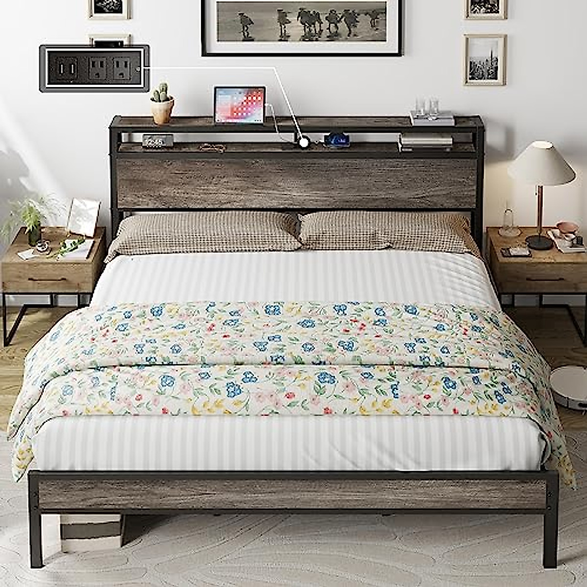 AMERLIFE King Size Bed Frame Industrial Platform Bed with Charging Station, 2-Tier Storage Headboard/No Box Spring Needed/Noise-Free/Rustic Grey