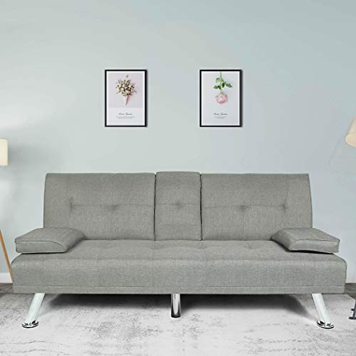 ERYE Upholstered Futon Sofa Sitting Space Loveseat Convertible Sleeper Couch Bed for Apartment Office Home Gym Living Room Furniture Sets Sofabed, Light Gray Linen Tufted Metal Legs with 2 Cupholders
