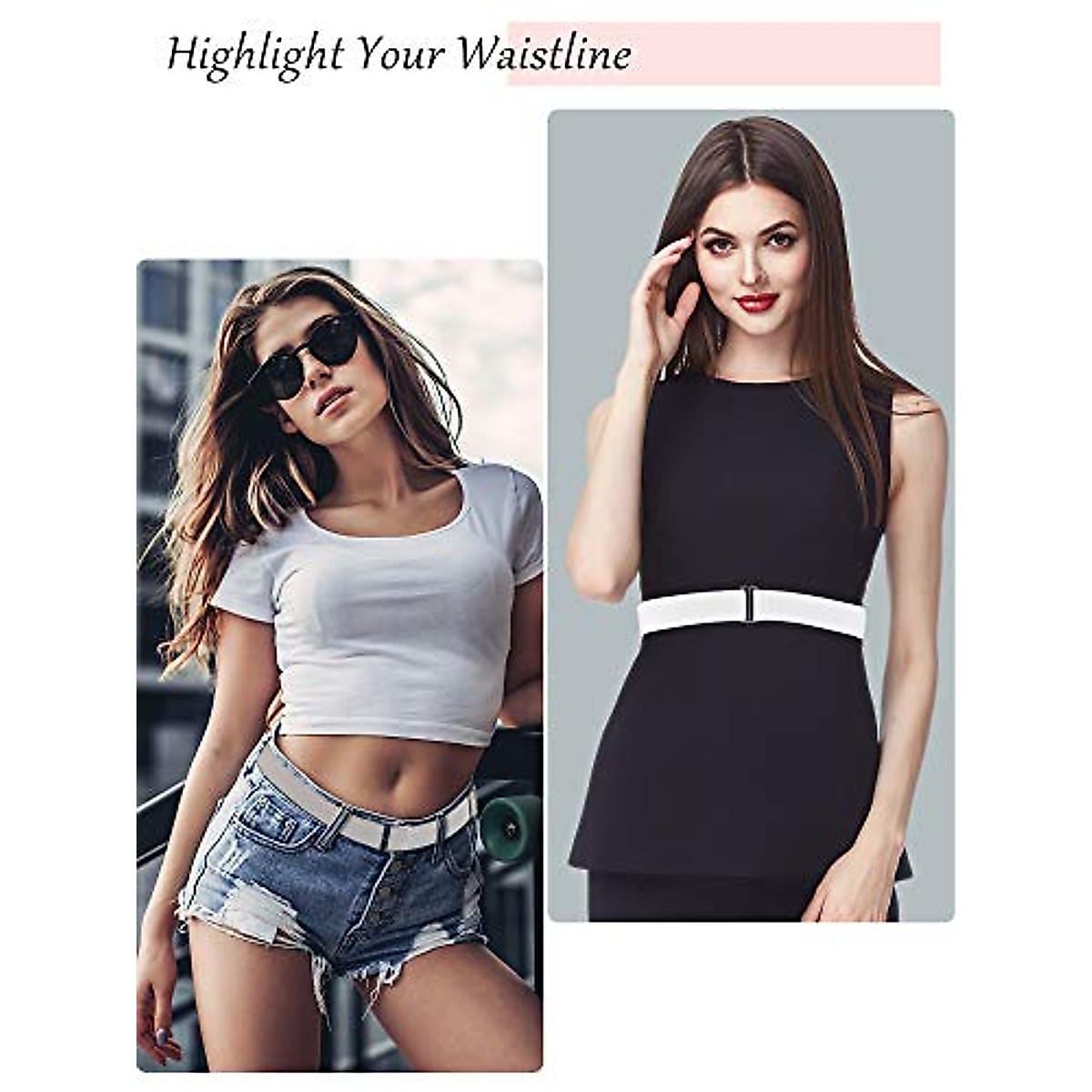 SATINIOR 4 Pack Women No Show Invisible Belt Elastic Stretch Waist Belt with Flat Buckle (Black White Grey Brown), Medium