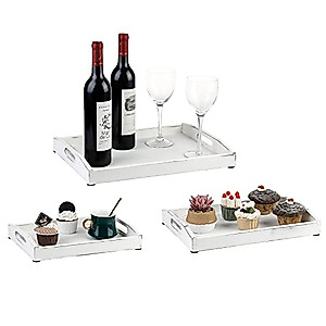 MyGift Vintage Rustic Whitewashed Wood Nesting Serving Trays/Decorative Ottoman Trays with Oval Cutout Handles, Set of 3