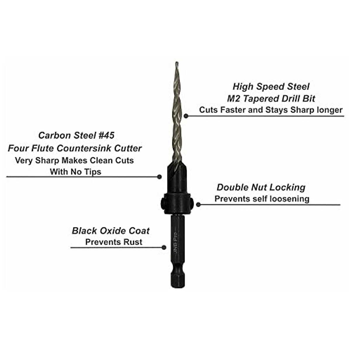 JNB Pro Wood Countersink Drill Bit Set,3 Pc Adjustable Countersink Bit #6(9/64"),All Same Size,1 Extra 9/64" Tapered Drill Bit, 1 Adjust. Collar,1/4" Quick Change Shank,Countersink (#6(9/64))