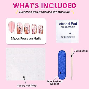 24 Pcs Press On Nails, Gel Nail Kit, Women's French Shrub Leaves False Nails, Full Cover False Nails Easy Home DIY Manicure with Square Nails Glue, Prep Pad, Mini Nail File, Nail Remover Stick