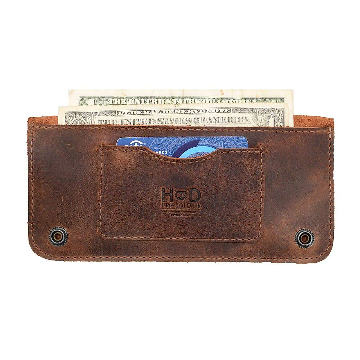 Hide & Drink, Double Snap Folio Wallet, Rectangular Flat Bill Holder with Card Slot, Night Bag, Travel Accessory, Full Grain Leather, Handmade, Bourbon Brown