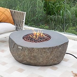 Boulder Concrete Fire Pit 43" x 35" Outdoor Patio Natural Gas Firepit Includes Lava Rocks Modern Fire Pits & Outdoor Fireplaces for Garden, Deck, Indoor & Outdoor Heating