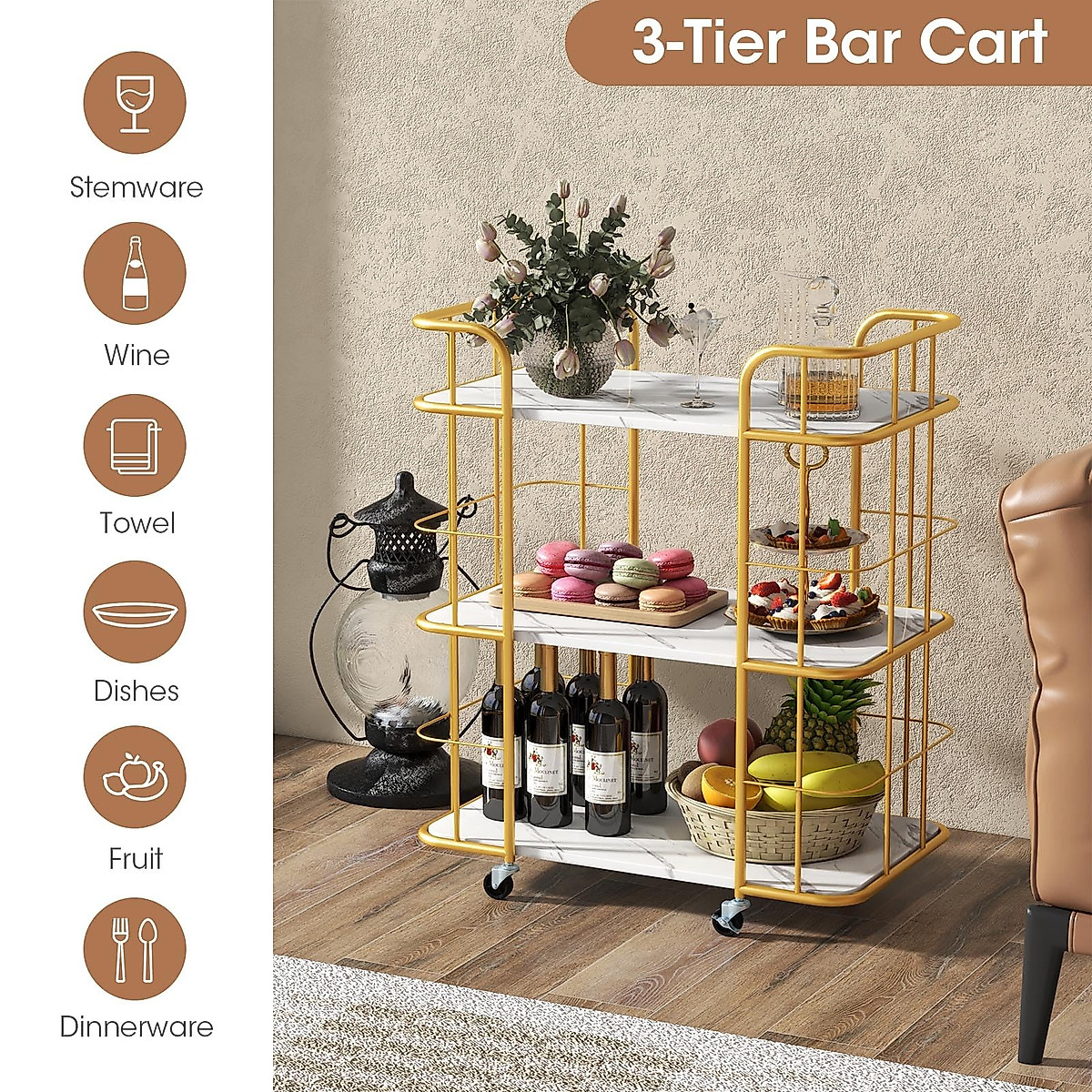 Giantex Gold Bar Cart, Home Island Service Cart, 3 Tier Storage Shelves with Guardrail, Imitation Marble Top, Kitchen Utility Trolley on Wheel Lockable for Dining Room Wine Coffee Bar White (1)