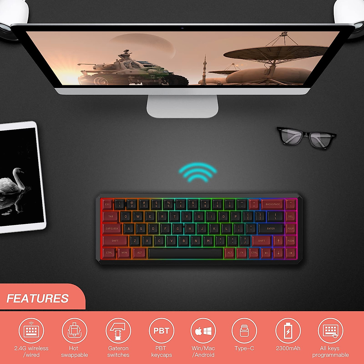 Darmoshark 2.4GHz Wireless/Wired Mechanical Keyboard — 65% (68 Key) Gaming Keyboard, Hot-Swap Switches, Programmable Macros, RGB LED Backlit, Type-C, PBT Spherical Keycap(Gateron Brown, Cherry Red)