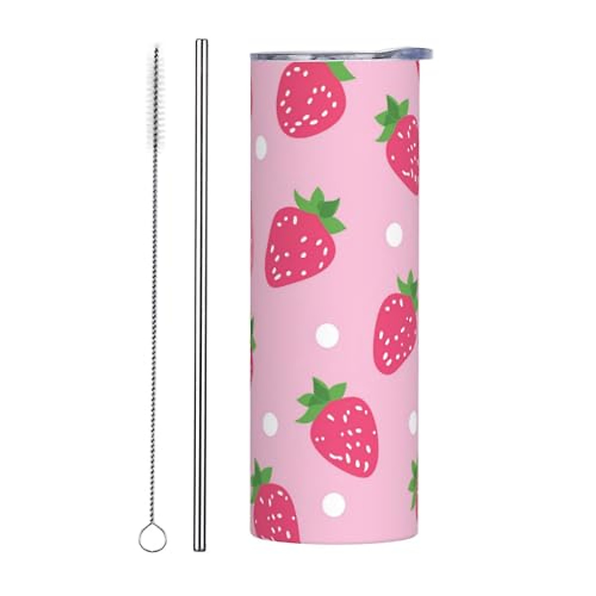 Tangopi Pink Strawberry Pattern 20 oz Tumbler with Lid and Straw Insulated Travel Coffee Mug Reusable Spill Proof Coffee Cups Stainless Steel Water Bottle for Hot and Cold Drinks