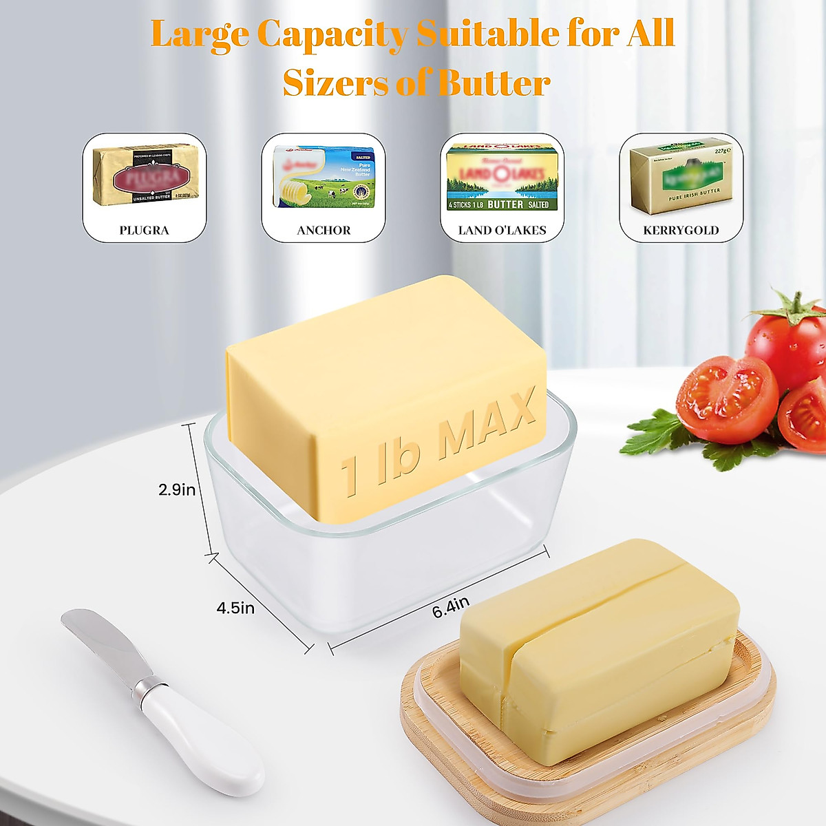 XCC Large Glass Butter Dish with Lid, Upgraded the Capacity to Holds 1lb of Butter, Butter Keeper with Knife for countertop and Double High-quality Silicone Seal, Kitchen Decor and Gifts
