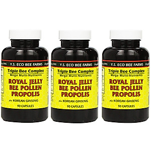 Y.S. Eco Bee Farms, (3 Pack) Royal Jelly, Bee Pollen, Propolis, Plus Korean Ginseng, 90 Capsules
