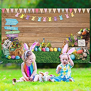 Easter Spring Backdrop Rabbit Road Sign Wooden Wall Photography Background Flowers Grass Easter Props for Photography Flag Bunny Eggs Banner Photo Booth Props Easter Party Decoration, 70.8 x 43.3 Inch