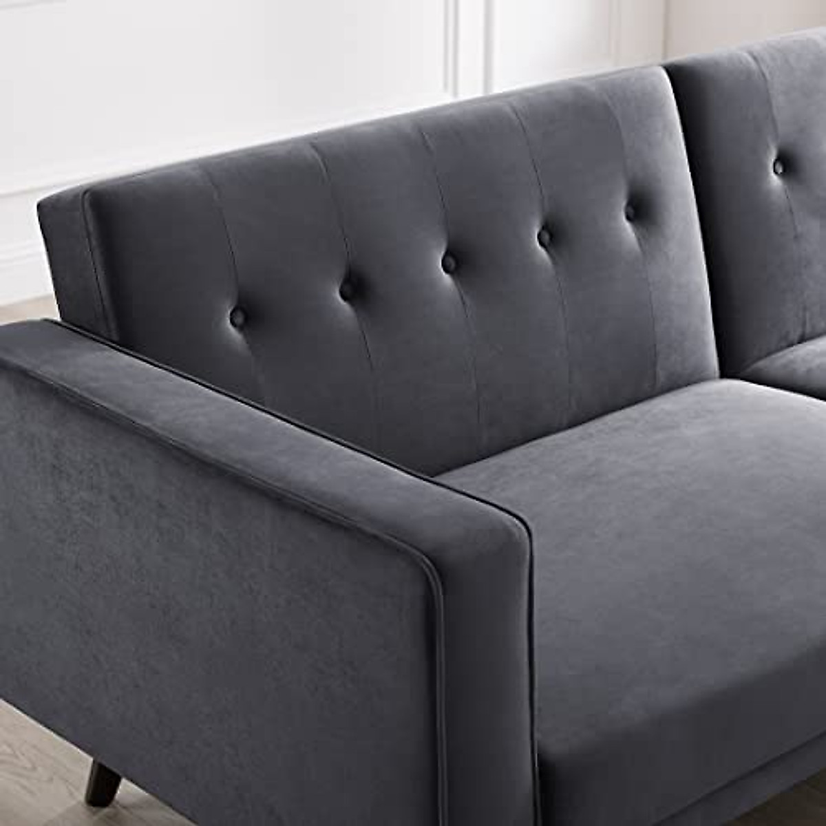 Hbaid 85.43" Velvet Sofa Bed, Grey Couch Convertible Sleeper Sofa with Tapered Wood Legs and Armrest, Modern Loveseat Couches for Living Room, Bedroom