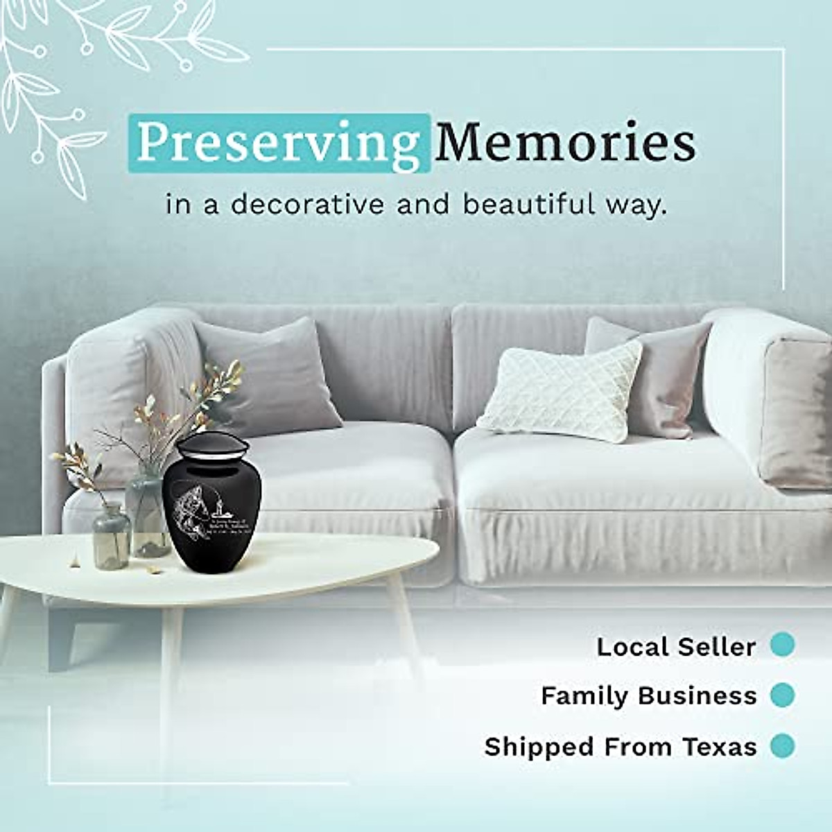 GetUrns - Embrace Fisherman Urns for Human Ashes, Cremation Urns for Adult Ashes Men & Women, Cremation Urn for Home, Vault, or Niche, 200 cu. in, Custom Single Engraving, Black