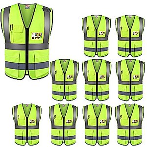 zojo High Visibility Safety Vests With Pockets, Wholesale Reflective Vest for Outdoor Works, Cycling, Jogging, Walking,Sports - Fits for Men and Women (Pack of 10, XL Neon Yellow)