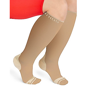 Sparthos Circulation Socks (20-30 mmHg) Wide Calf - Knee High Sock for Compression, Travel, Medical Support, Pregnancy, Nurses - Dr Sock Soothers Ankle Brace - Mens and Womens Plus (Beige-LXL-Wide)