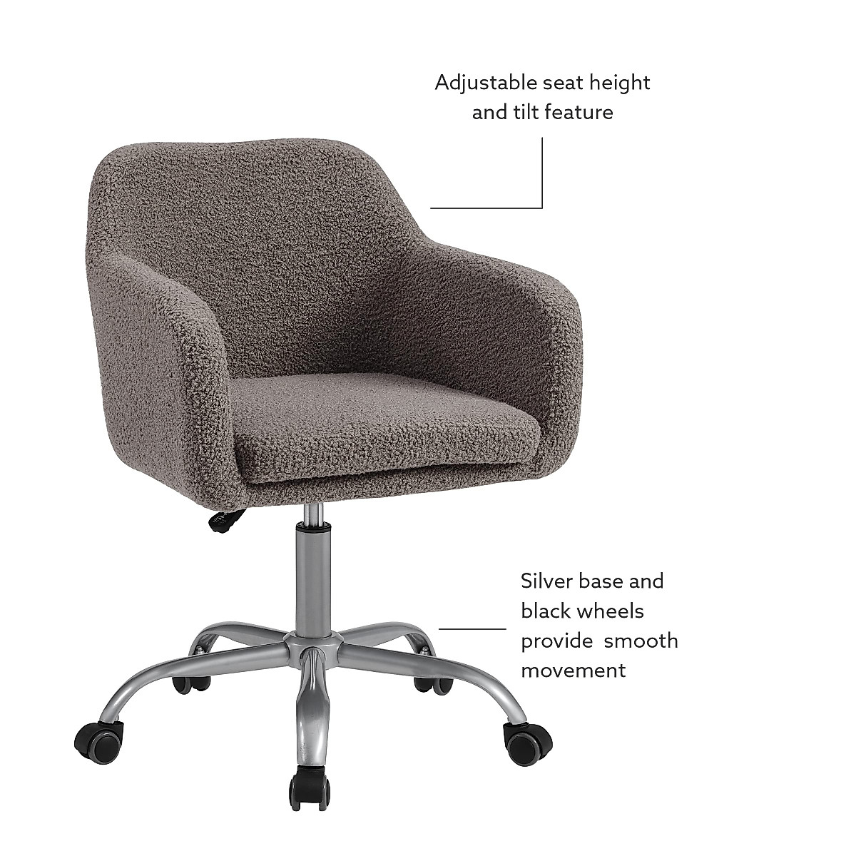 Linon Upholstered Adjustable Brooklyn Office Chair, Grey Sherpa