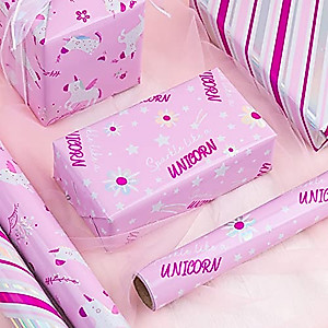 WRAPAHOLIC Wrapping Paper Roll - Mini Roll - 3 Rolls - 17 Inch X 120 Inch Per Roll - Purple Unicorn Design with Silver Foil for Birthday, Holiday, Baby Shower